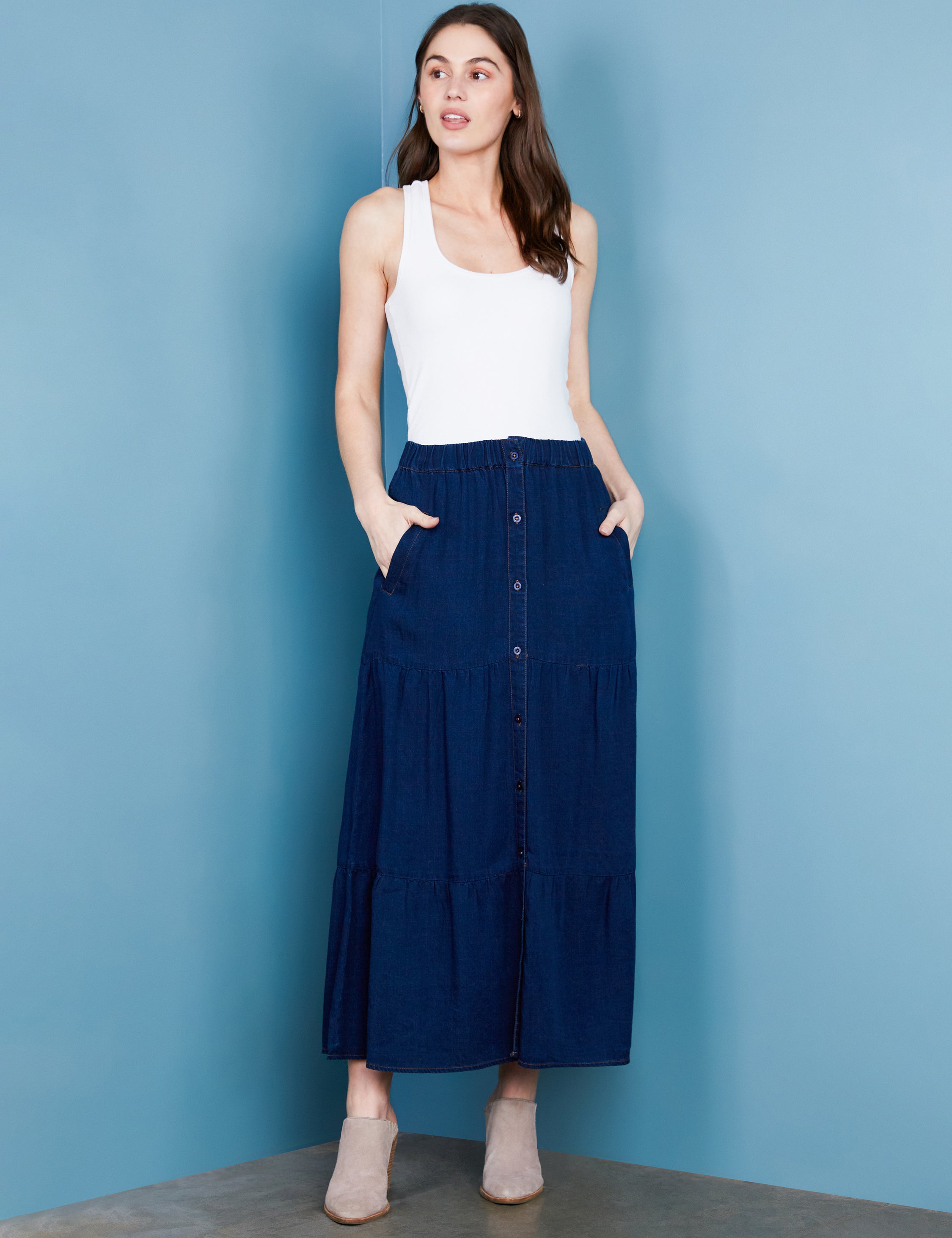 Women’s Layered Button Front Denim Maxi Skirt – Billy T – billytshop