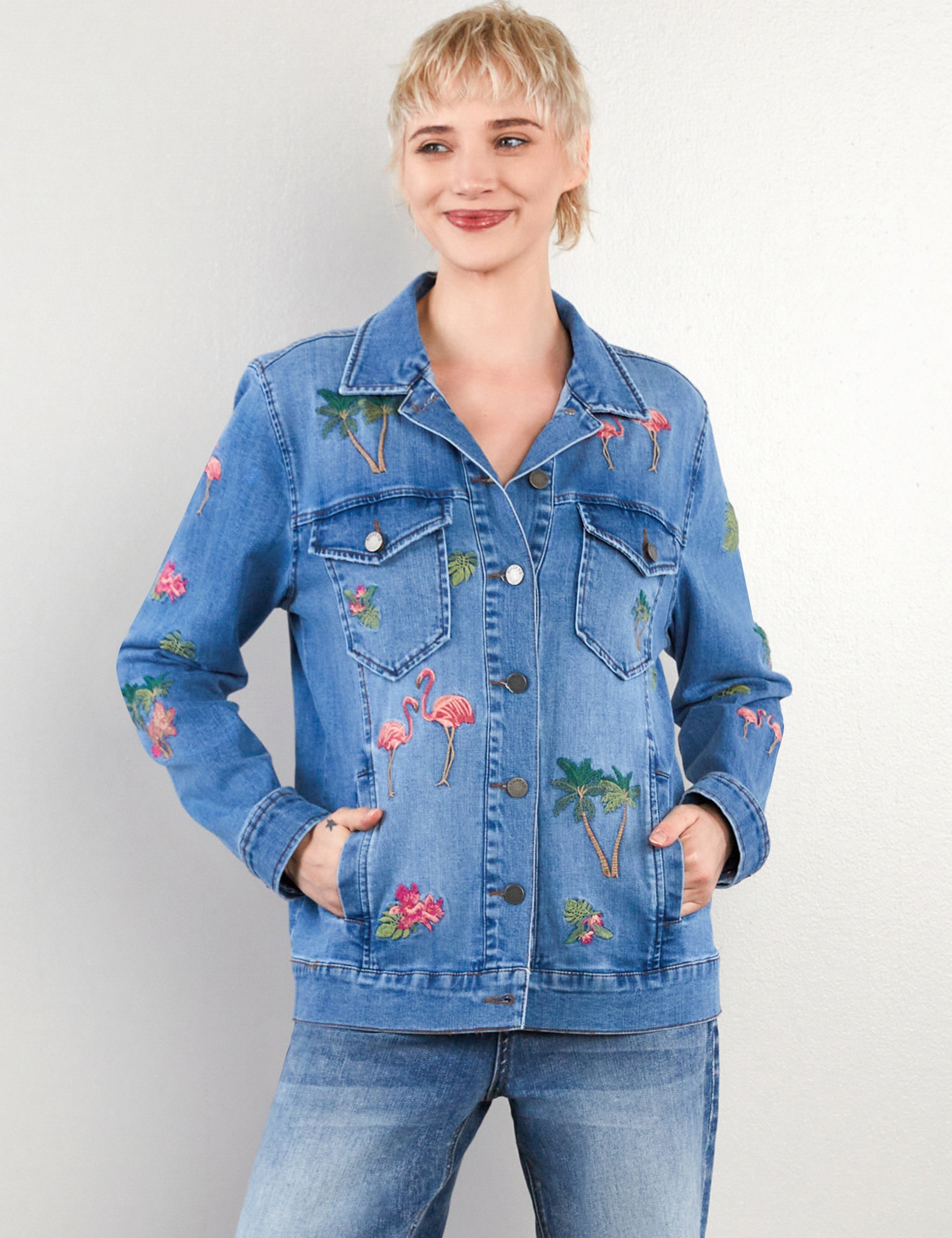 Women’s Flamingo Tropical Embroidered Denim Jacket – Billy T – billytshop