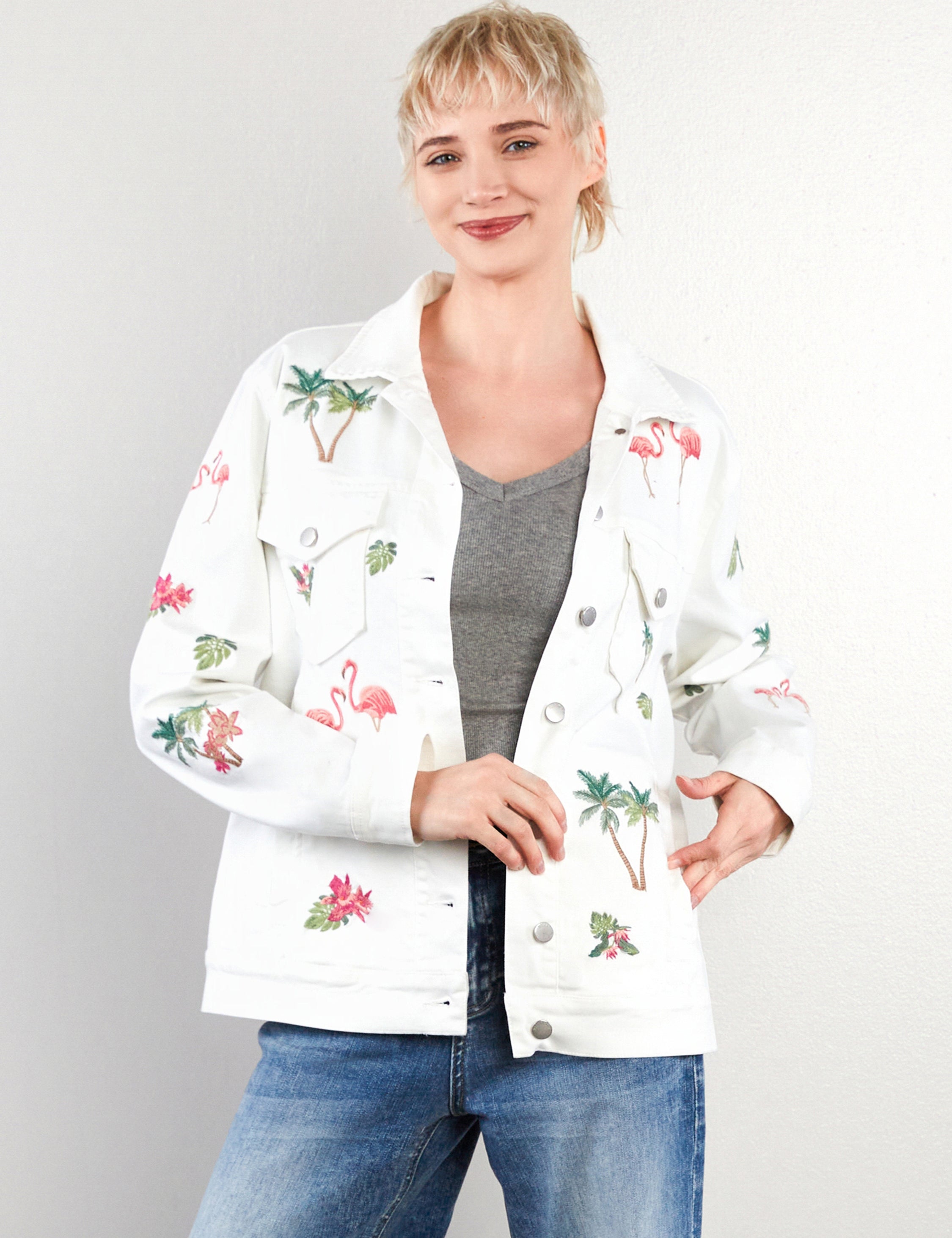 Women’s Flamingo Embroidered White Denim Jacket - Billy T – billytshop