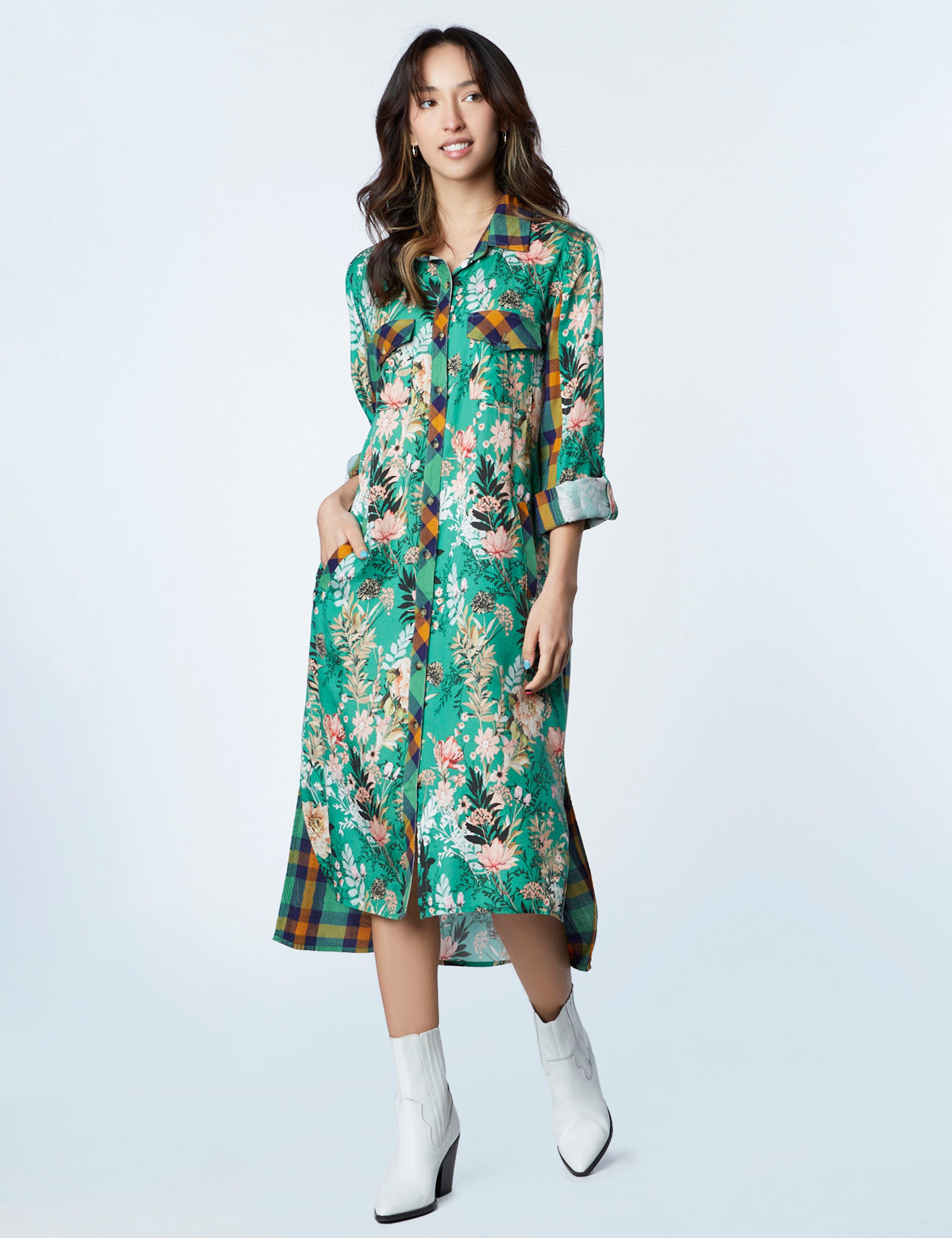 Women’s Floral Plaid 2-Way Button Dress – Billy T – billytshop